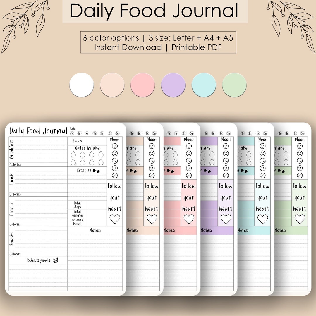Daily Food Journal & Calorie Tracker | Printable PDF Planner | A4 A5 ...