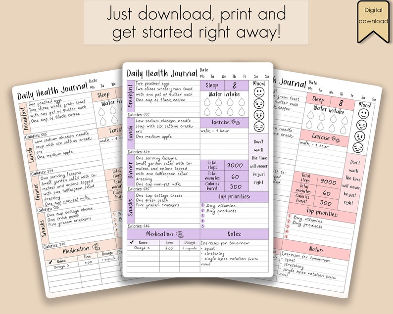 Daily Health & Food Journal | Medication, Calorie, Vitamins Tracker ...