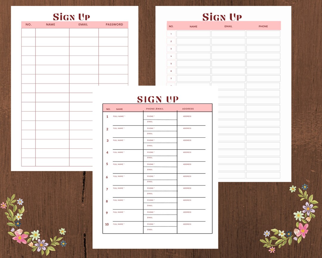 Sign up Sheet, 3 Email Sign up Forms, PRINTABLE Sign Up, Event Sign Up ...