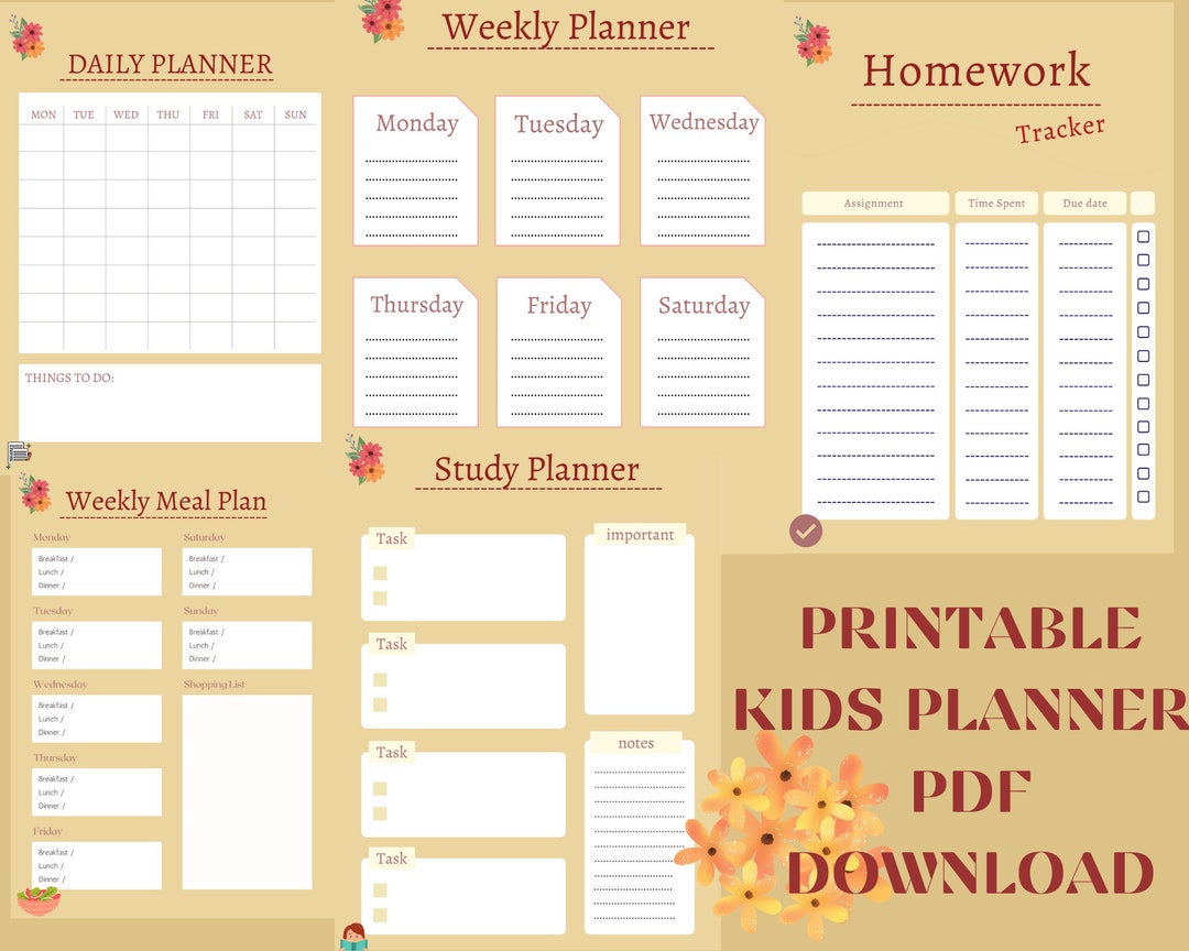 Kids Printable Planner | Kids Weekly Planner | Homework Tracker | Kids ...