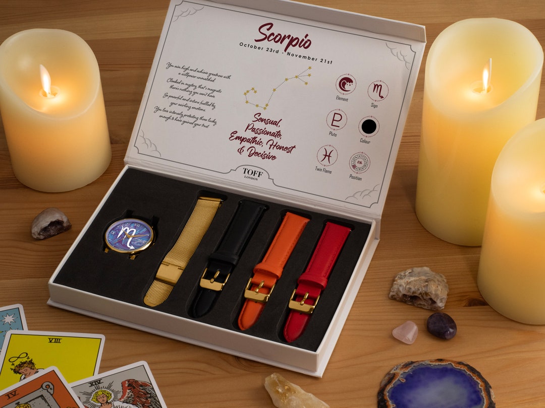 Scorpio Zodiac Sign Watch Gift Set, Custom Engraved Leather Analog ...