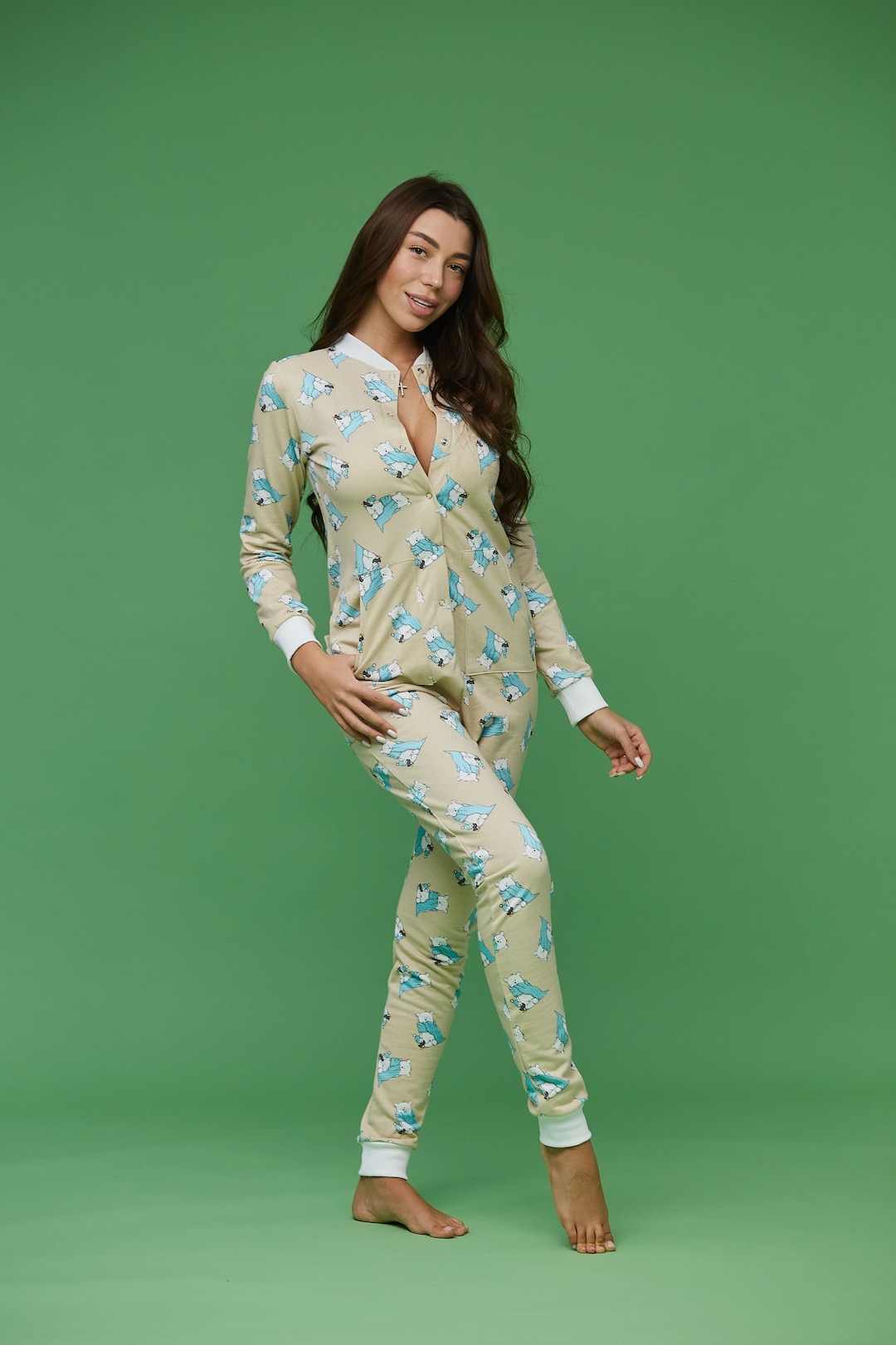 Woman Sexy Cute Butt Flap Pajamas Jumpsuit Sweetjama Bears In Scarves