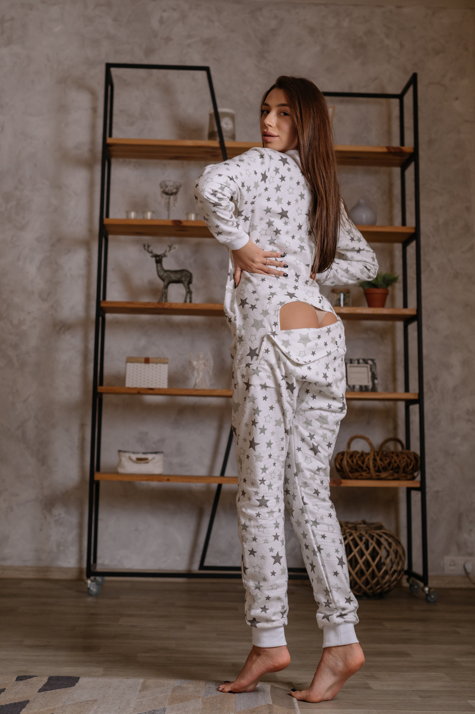 Woman Cute Butt Flap Pajamas Jumpsuit Cutout Sweetjama Flannel Stars Etsy