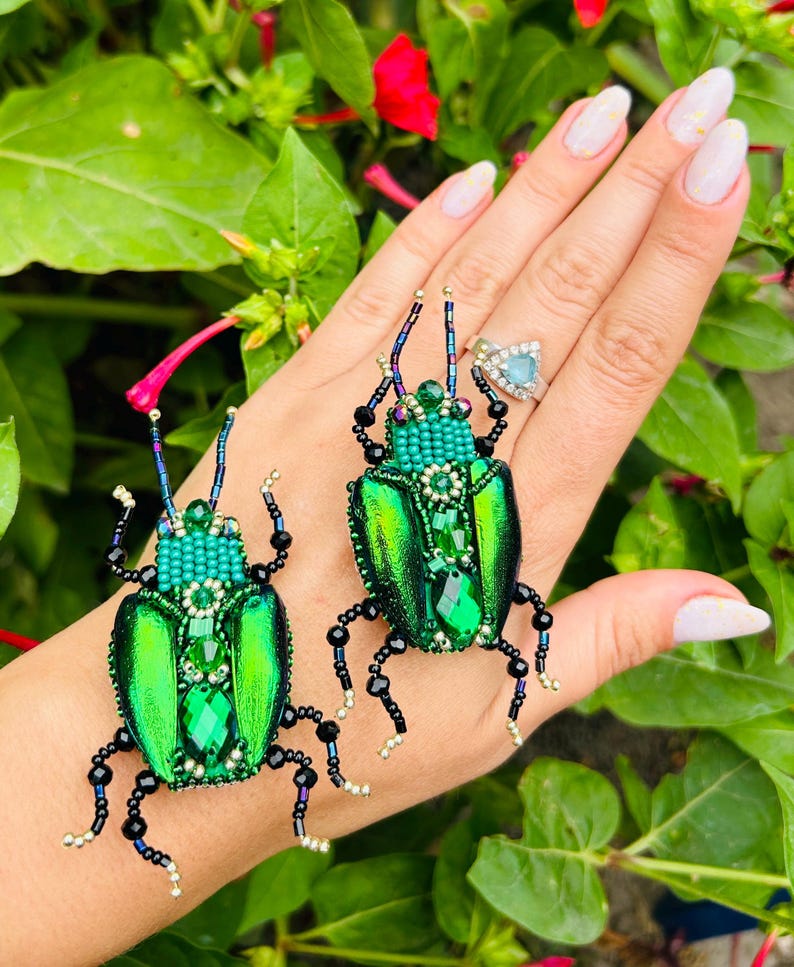 Beetle Bead Brooch, Insect Brooch, Green Brooch, Gold Beetle Brooch, Handmade Brooch, Gift for ...