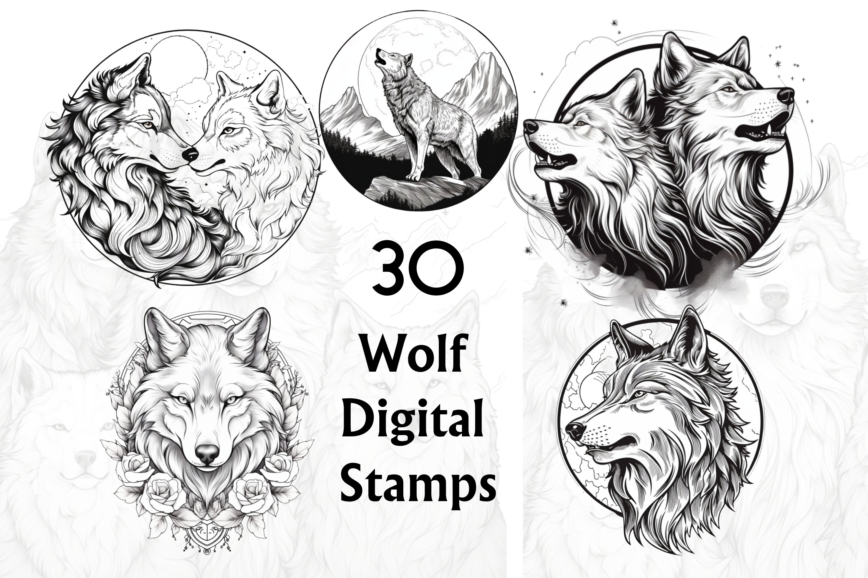 30 Wolf Stamps, Wolf Tattoo, Digi Stamps, Digital Stamps, Wolf Brushes ...