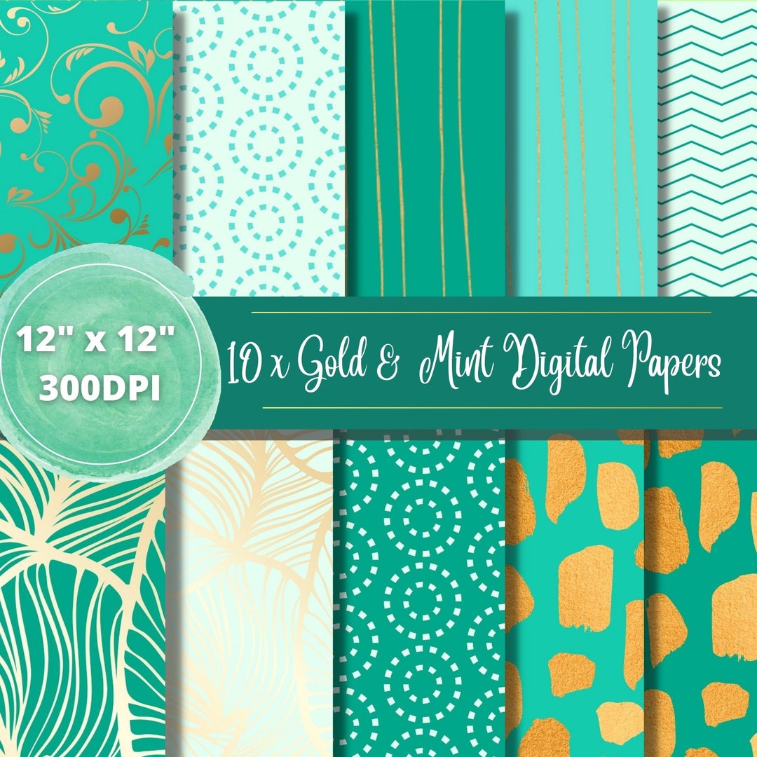 Gold and Mint Digital Paper, Mint Digital Paper Pack, Seamless Digital ...