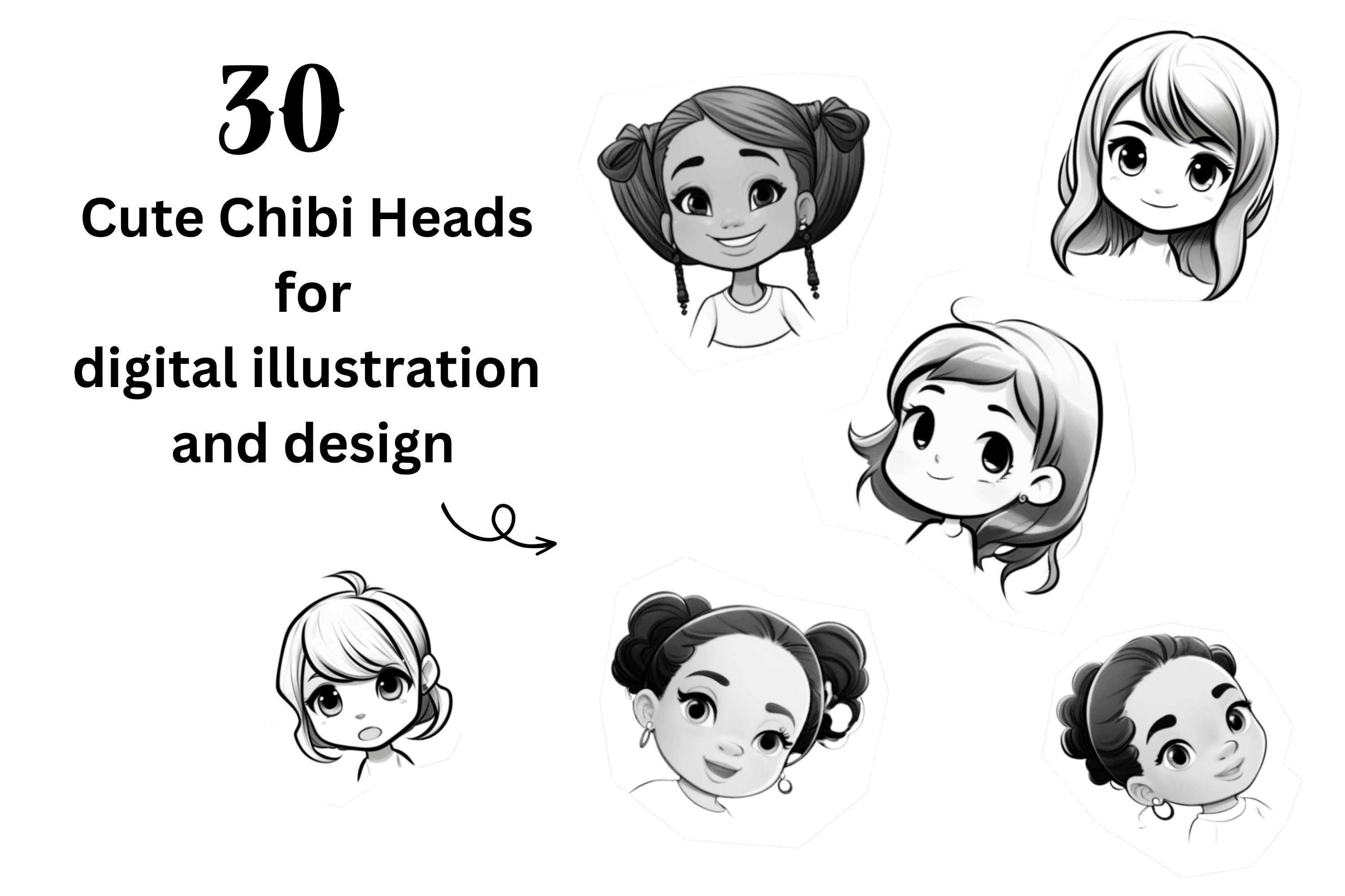 30 Chibi Heads for Procreate, Chibi Faces, Chibi Hair, Chibi Procreate ...