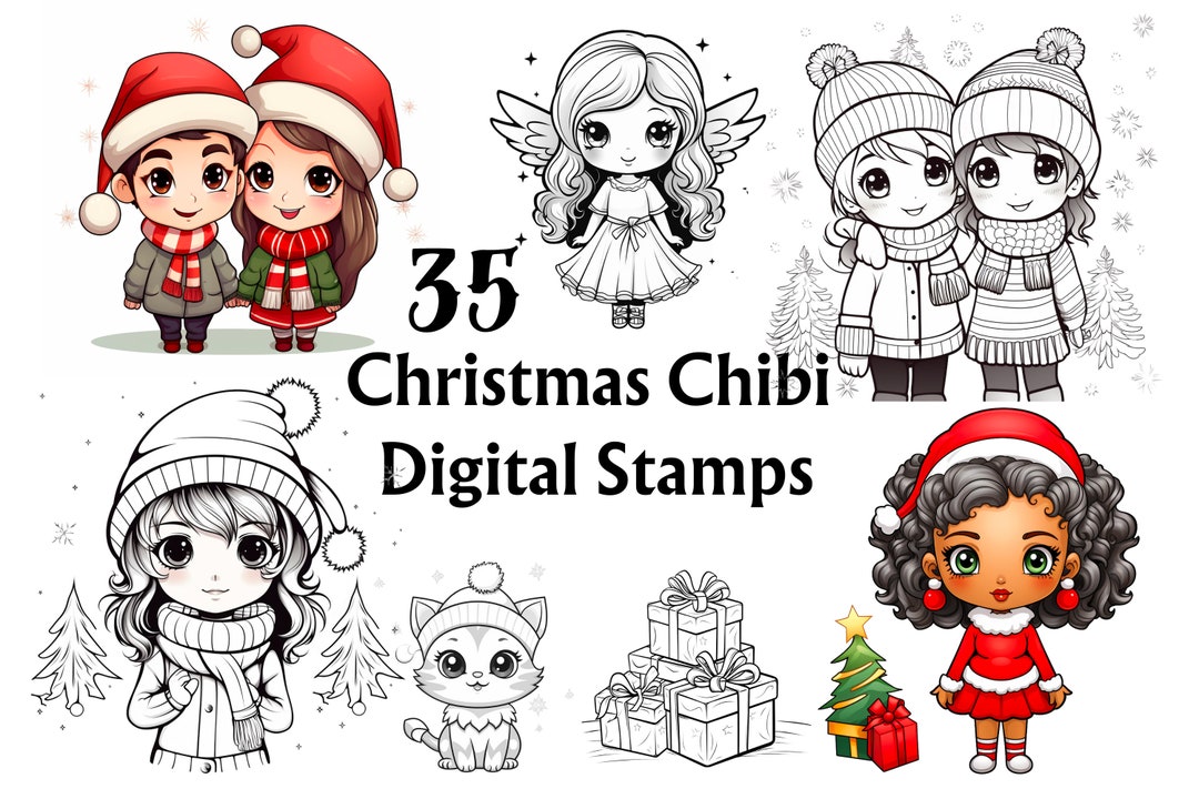 35 Christmas Chibi, Digital Stamps, Chibi Stamps, Chibi Santa, Chibi ...