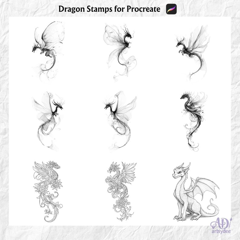 80 Dragon Procreate Stamps + FREE Fantasy Backgrounds | Mythical ...