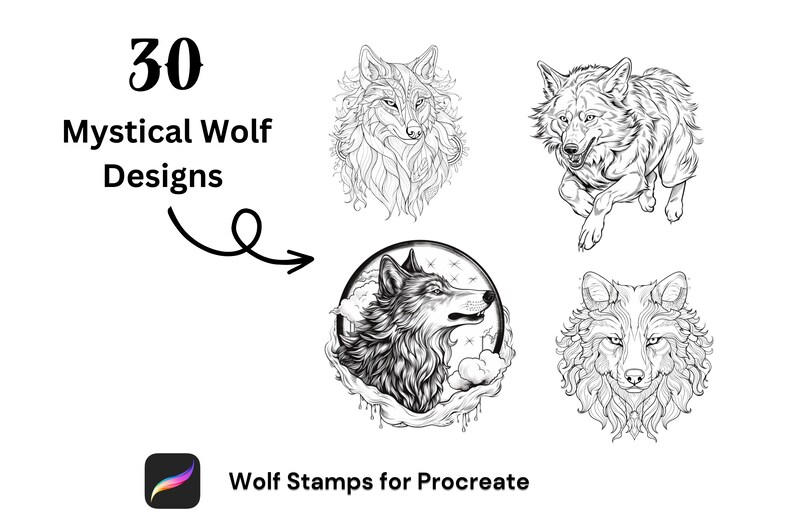 30 Wolf Stamps Procreate 2, Procreate Tattoo, Procreate Stamps, Procreate Brushes, Procreate ...