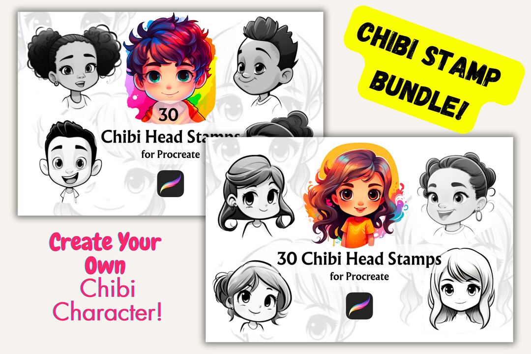 Chibi Head Procreate Bundle, Chibi Hairstyles, Chibi Procreate, Chibi ...