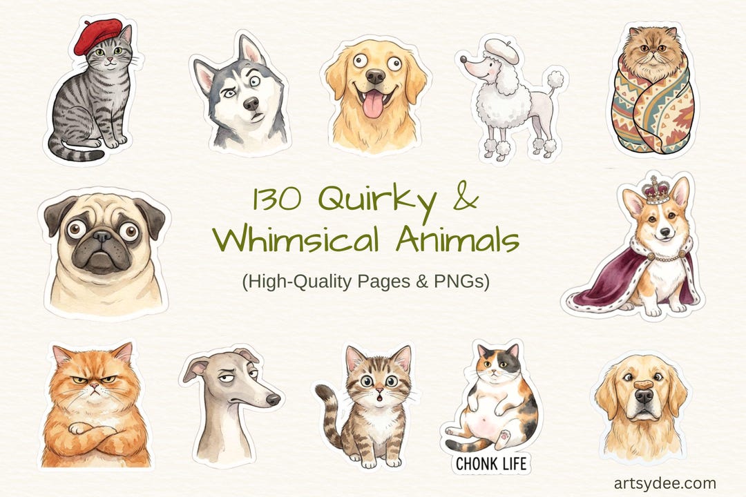 Quirky Dogs Cats Fussy Cut, Whimsical Pet Clipart, Junk Journal ...