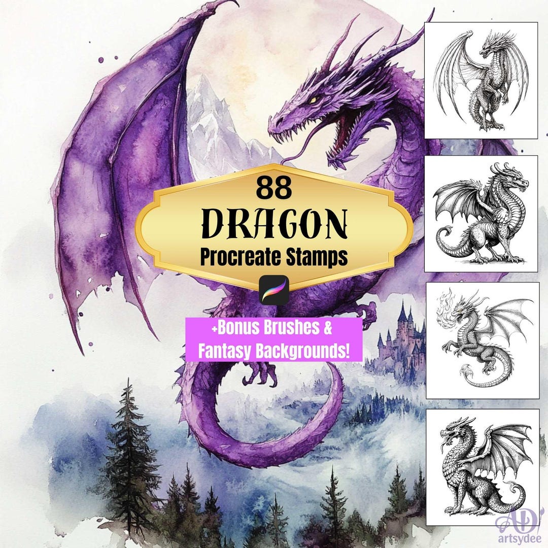 80 Dragon Procreate Stamps + FREE Fantasy Backgrounds | Mythical Creatures, Wings, Fire & Skulls ...