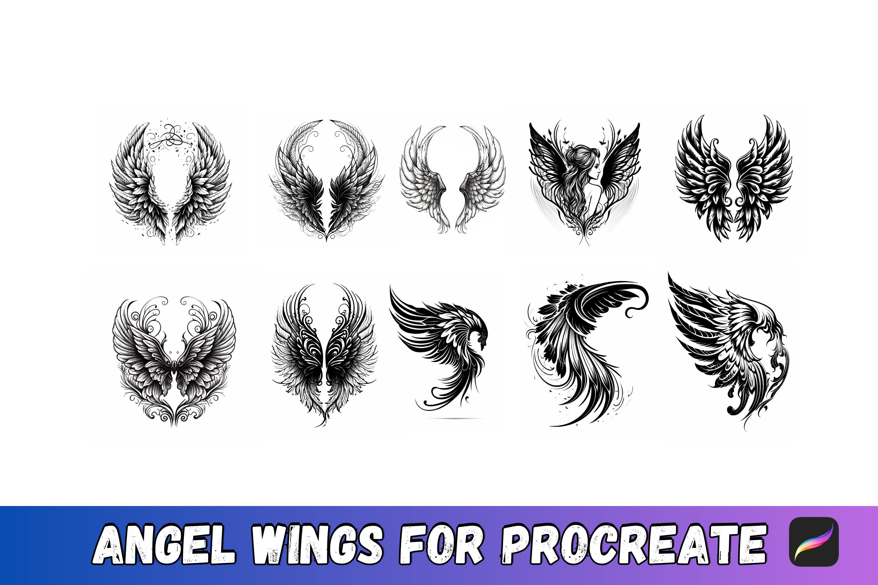 Angel Wings Stamps, Procreate Tattoo, Tattoo Stencil, Angel Wing ...