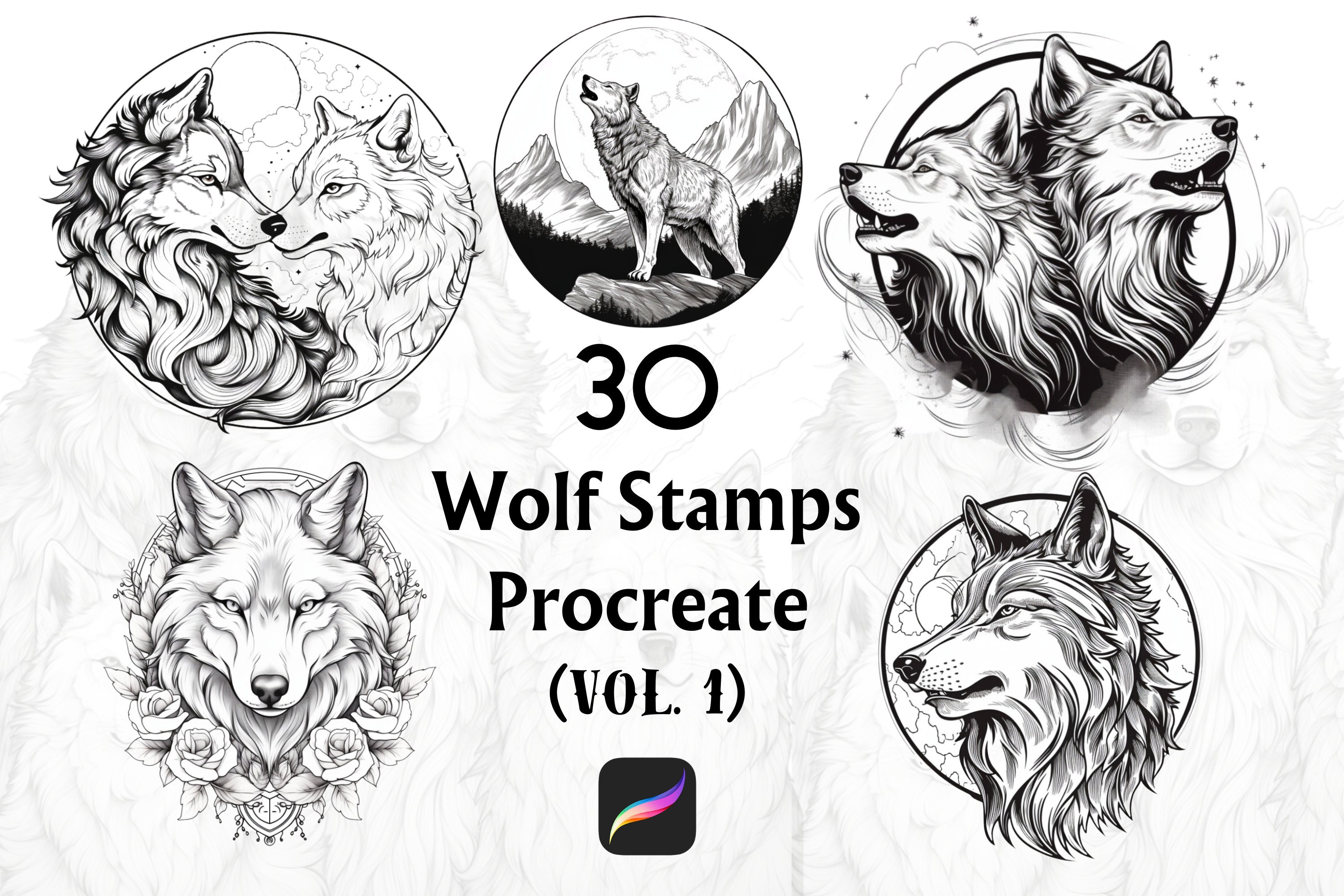 30 Wolf Procreate Stamps, Procreate Tattoo, Procreate Stamps, Procreate Brushes, Procreate Wolf ...