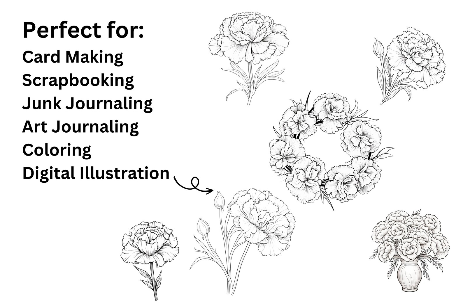 Carnation Digital Stamps, Carnation PNG, Carnation Hand Drawn ...