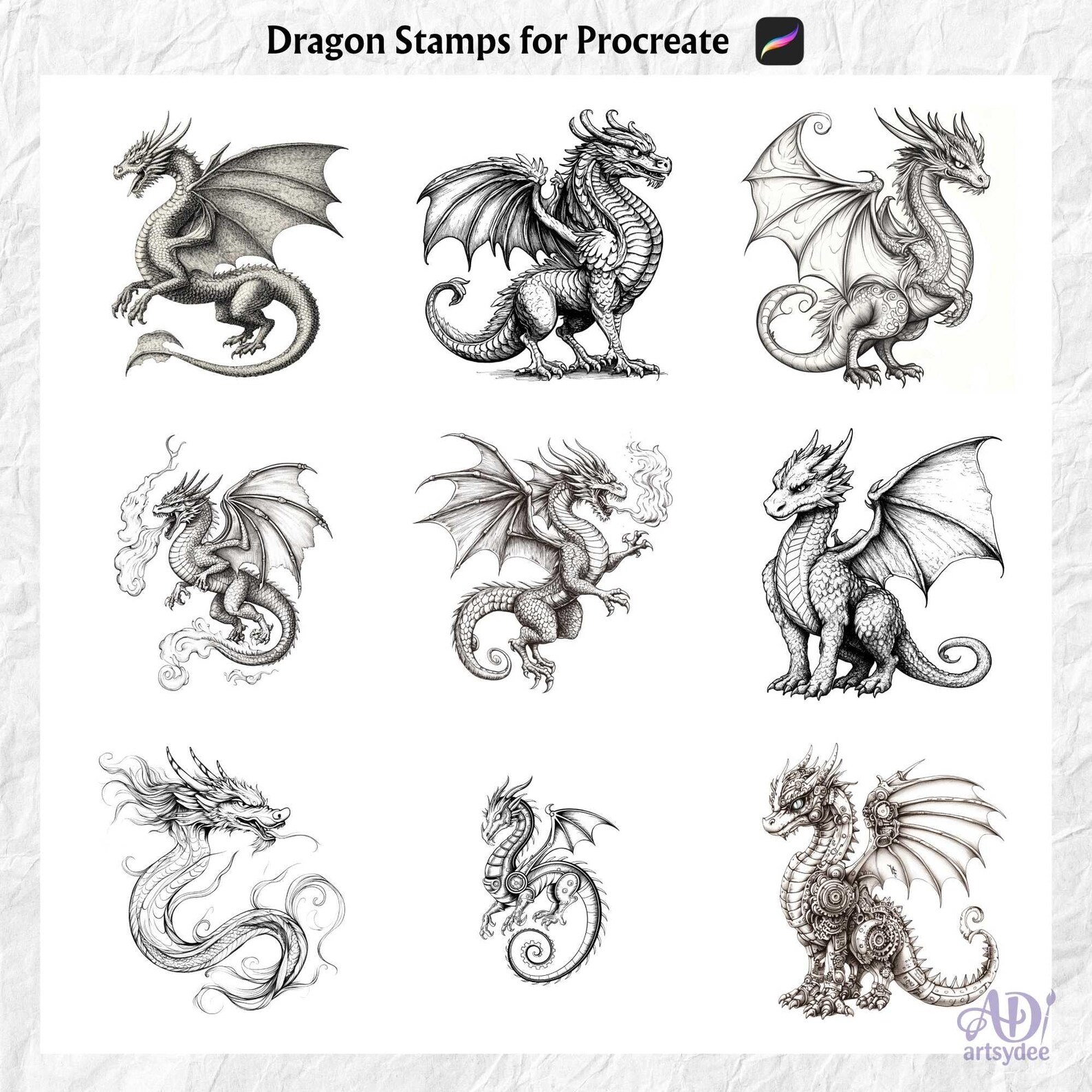 80 Dragon Procreate Stamps + FREE Fantasy Backgrounds | Mythical ...