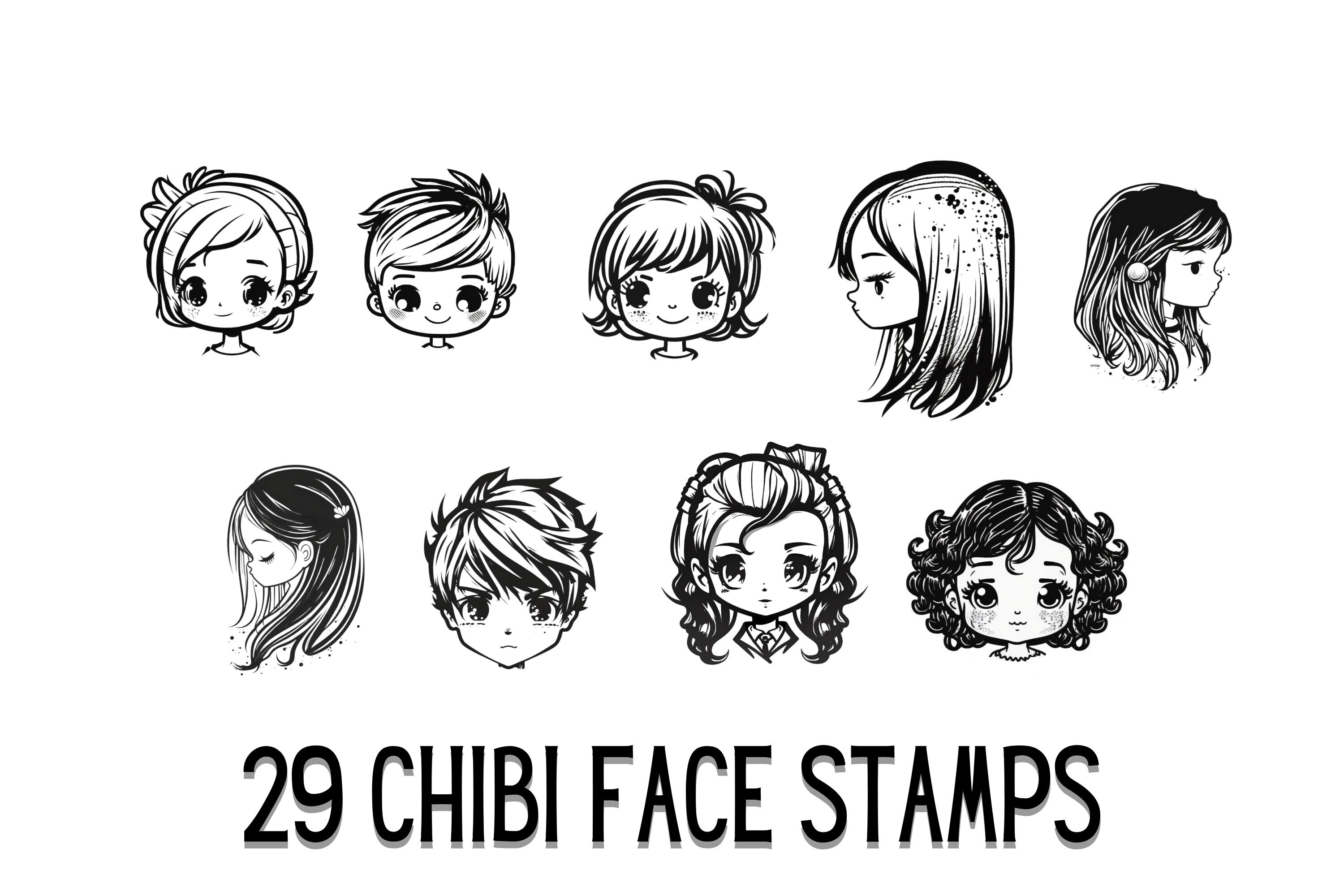 29 Chibi Faces Png Bundle Chibi Head Chibi Png Chibi Procreate Chibi Stamps Chibi Base