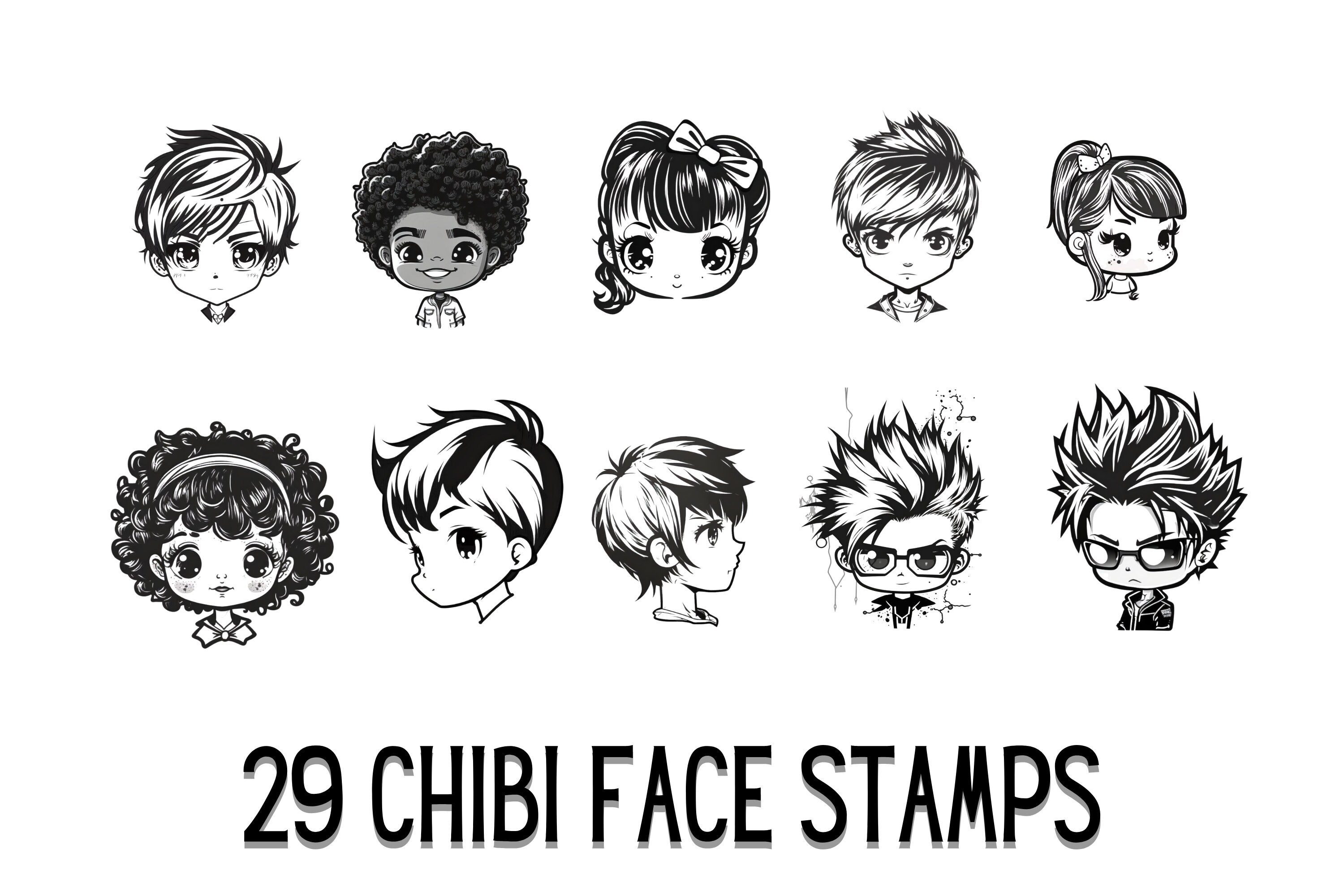 29 Chibi Faces Png Bundle Chibi Head Chibi Png Chibi Procreate Chibi Stamps Chibi Base