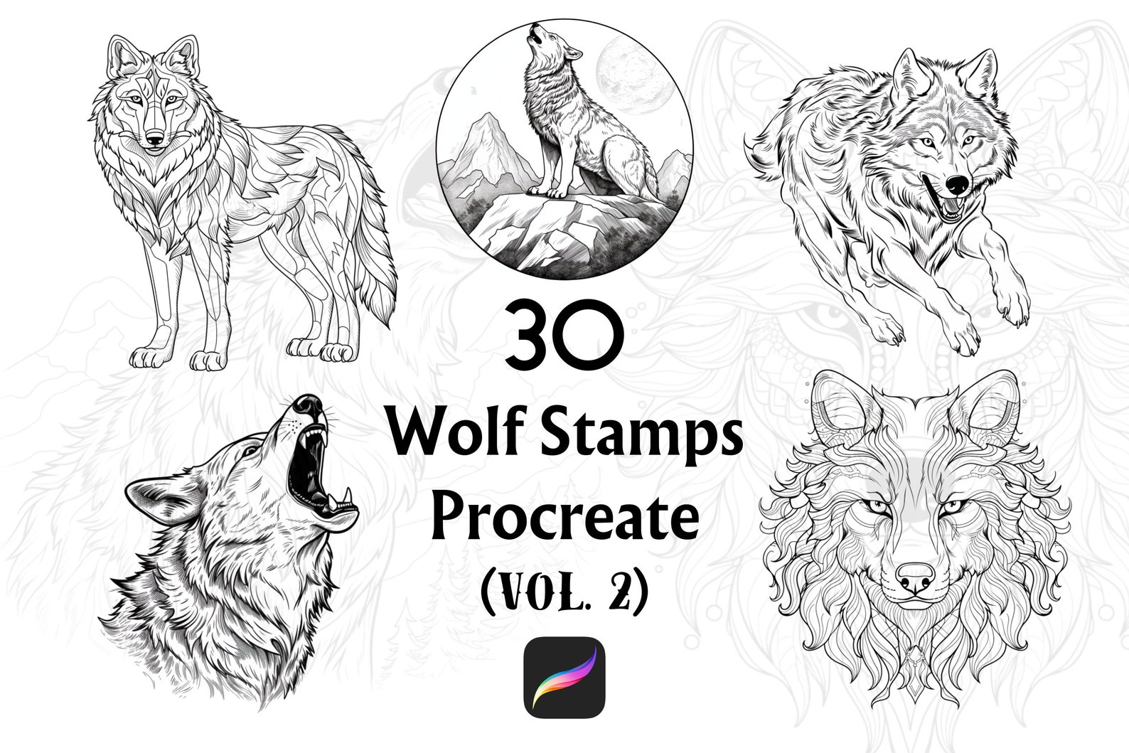 30 Wolf Stamps Procreate 2, Procreate Tattoo, Procreate Stamps ...