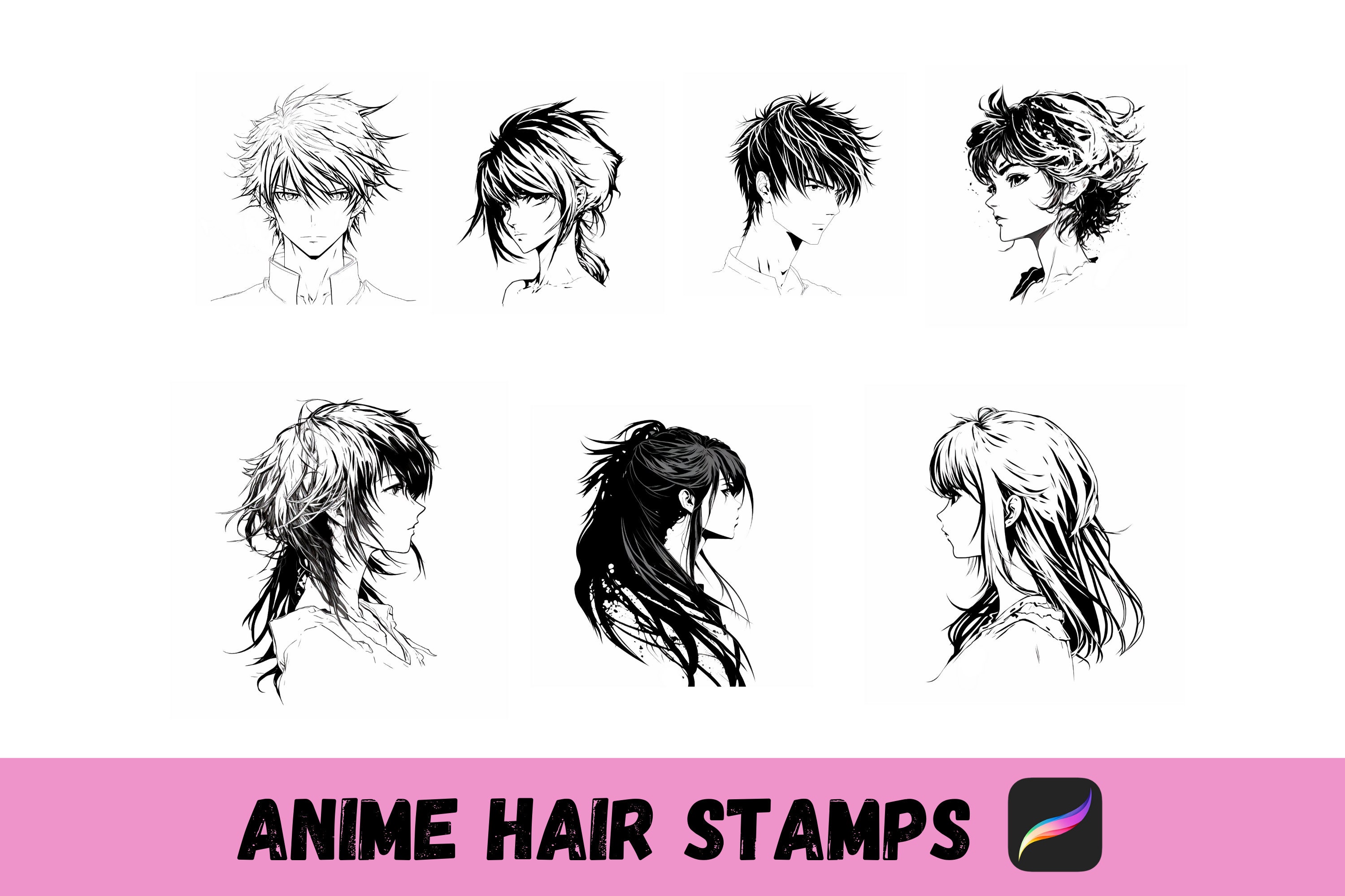 22 Anime Hair Stamp Procreate, Procreate Hair Brushes, Procreate Wavy ...