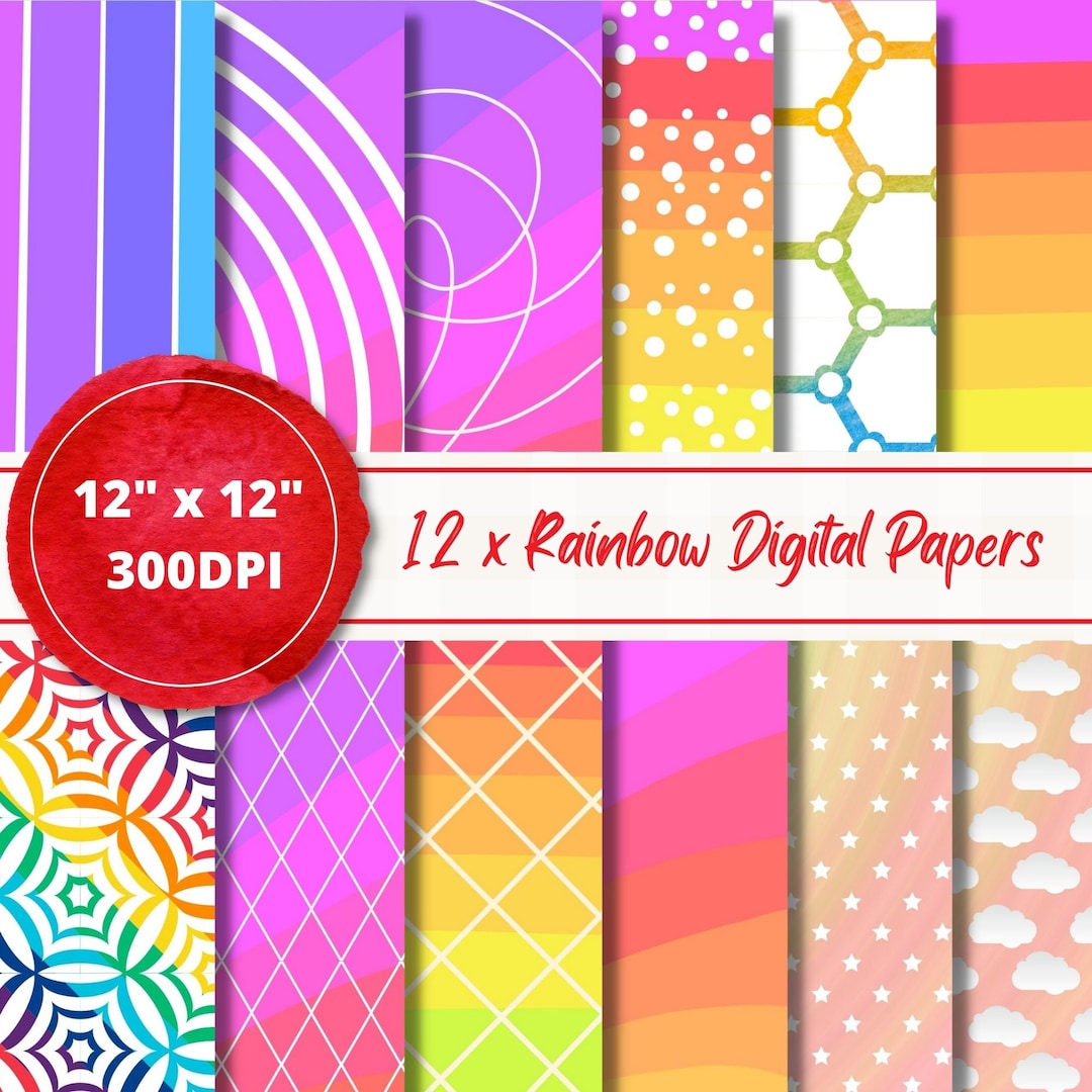 Fun Digital Paper, Rainbow Digital Paper, 12 Bright Pages, Digital ...
