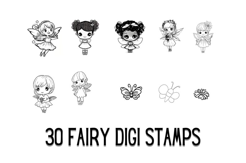 30 Fairy Digital Stamps, Fairy PNG, Coloring Page, Card Making, Fairy ...