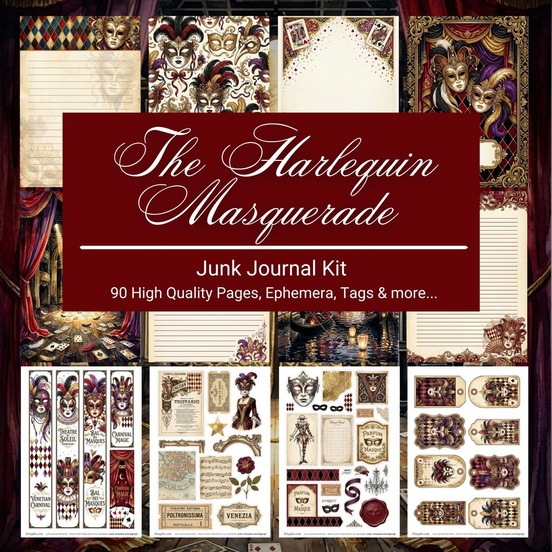 Harlequin Masquerade Junk Journal Kit Printable | 90 Pages Venetian ...