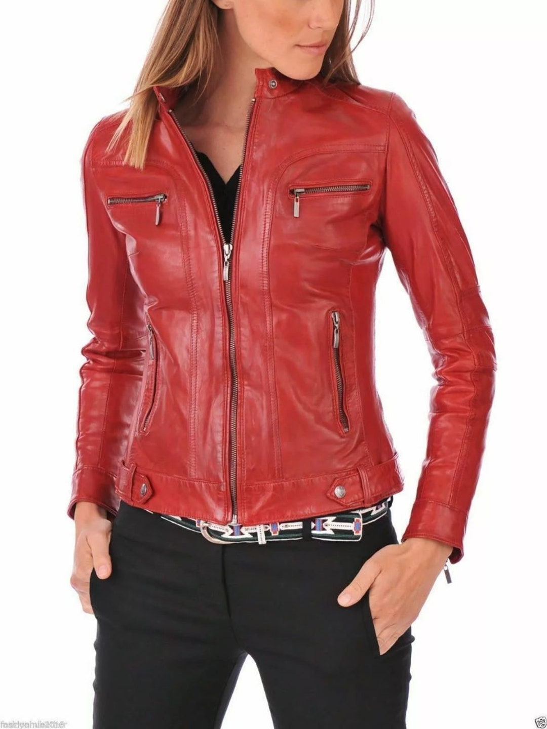 Genuine Leather Jacket Motorcycle Leather Jacket Women Red Leather ...