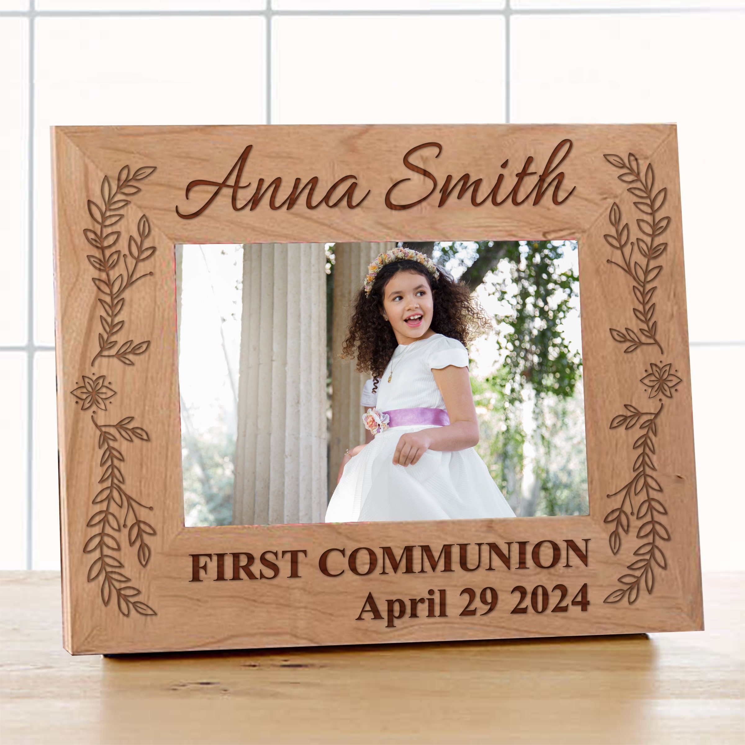 First Communion Wood Picture Frame, Engraved Floral Photo Frames - Etsy