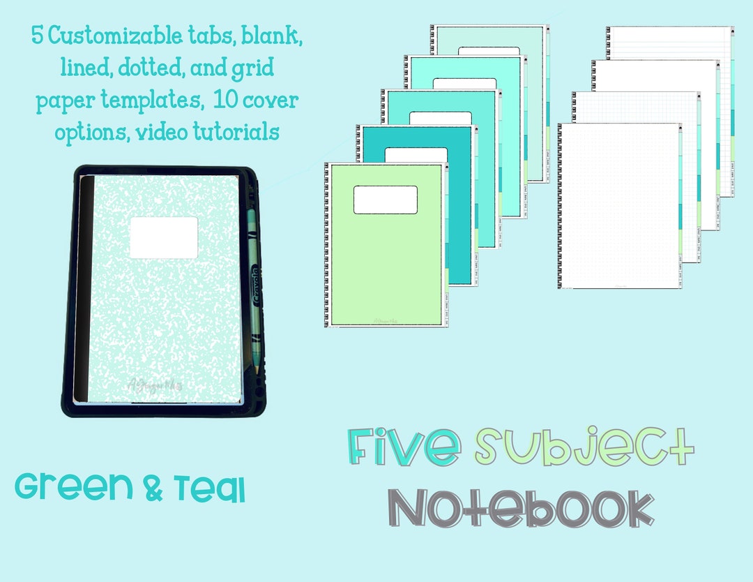 5 Subject Digital Notebook {green & Teal} - Etsy