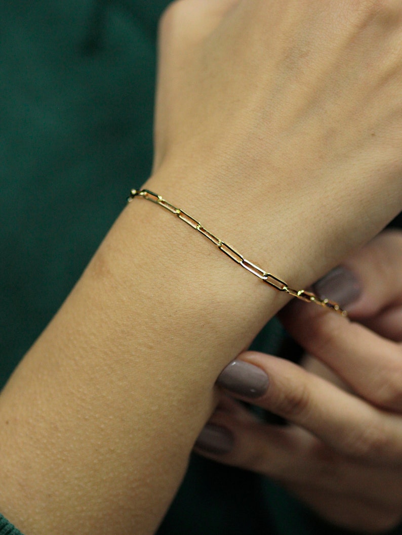 14K Gold Paper Clip Bracelet, Tiny Paper Clip Link Bracelet, Non Hollow ...