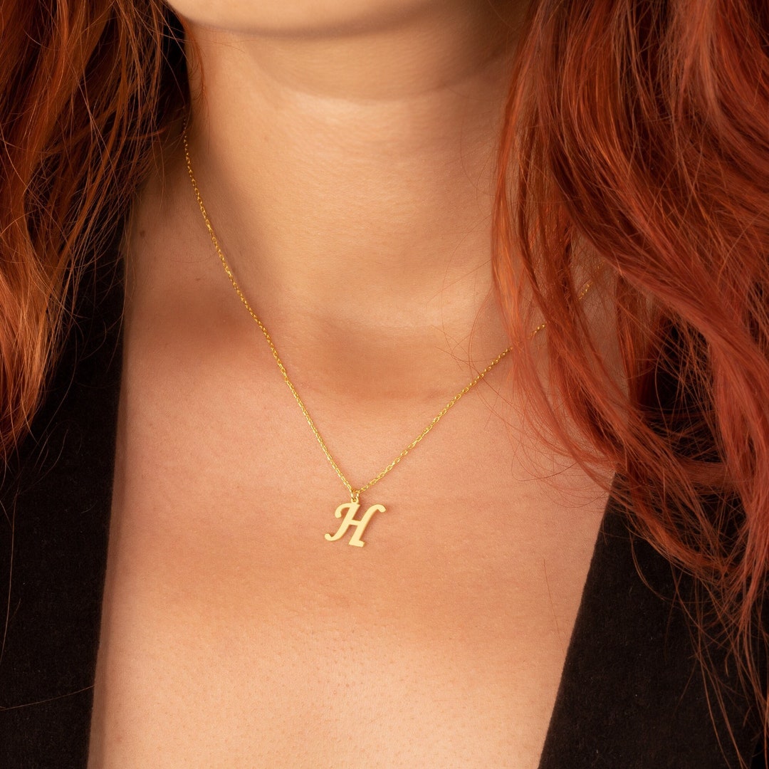 14K Solid Gold Personalized Letter Necklace, Gold Initial Letter ...