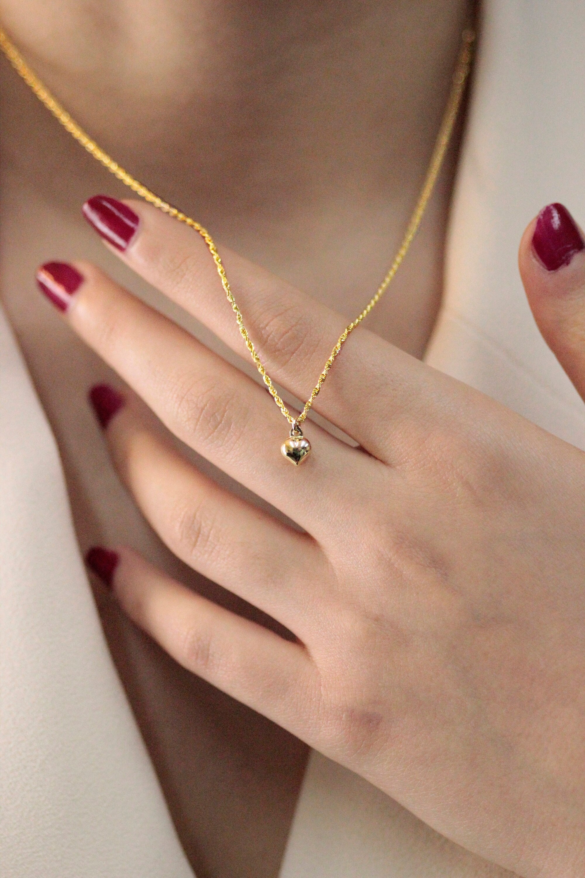 14K Gold 3D Tiny Heart Rope Chain Necklace, Puffy Heart Necklace ...