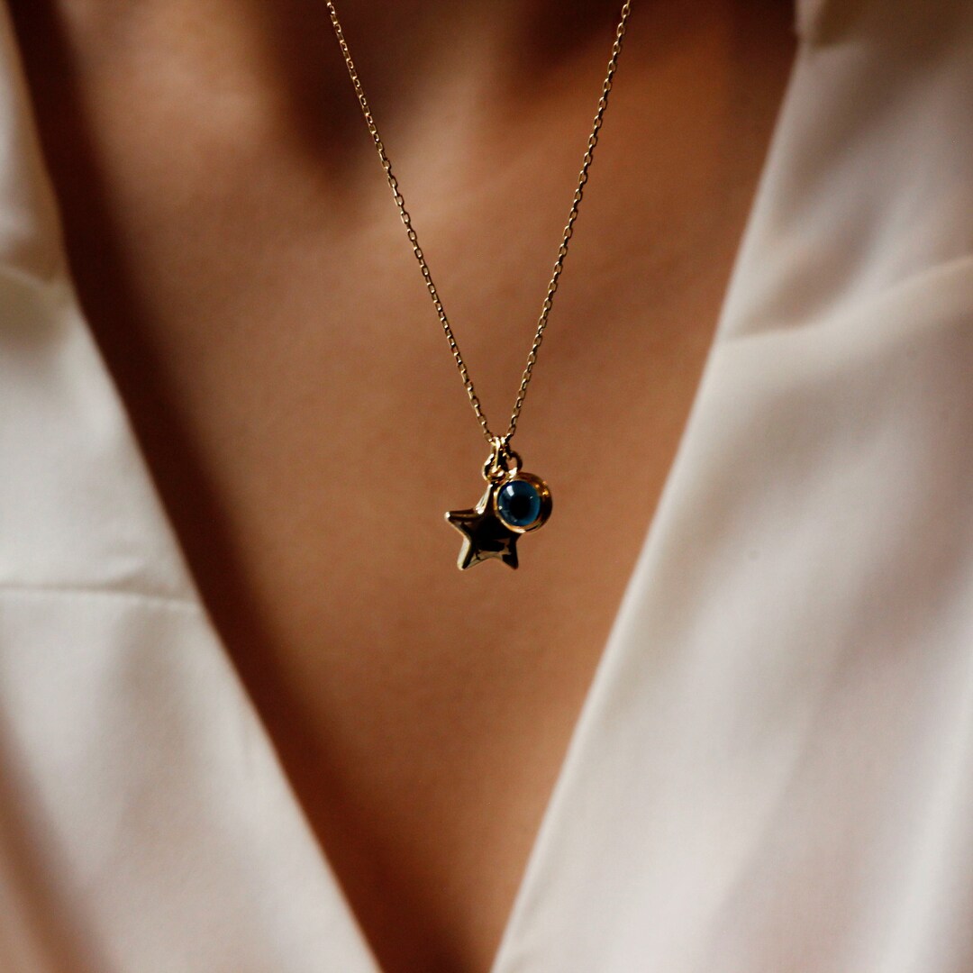 14K Solid Gold Star Necklace: Evil Eye Charm Pendant - Etsy