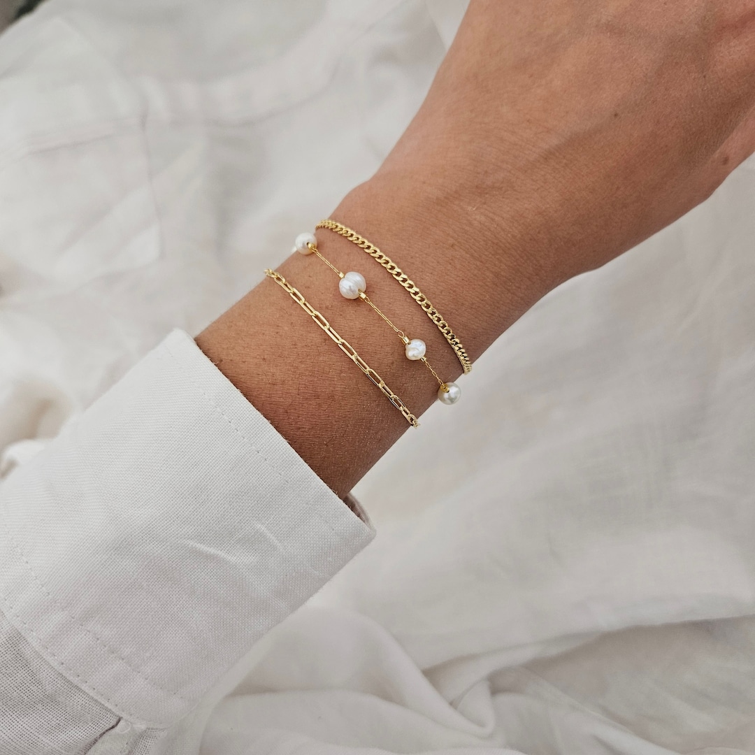 18K Gold Filled Fresh Pearl Stack Bracelet Set Layering Bracelet Set of ...