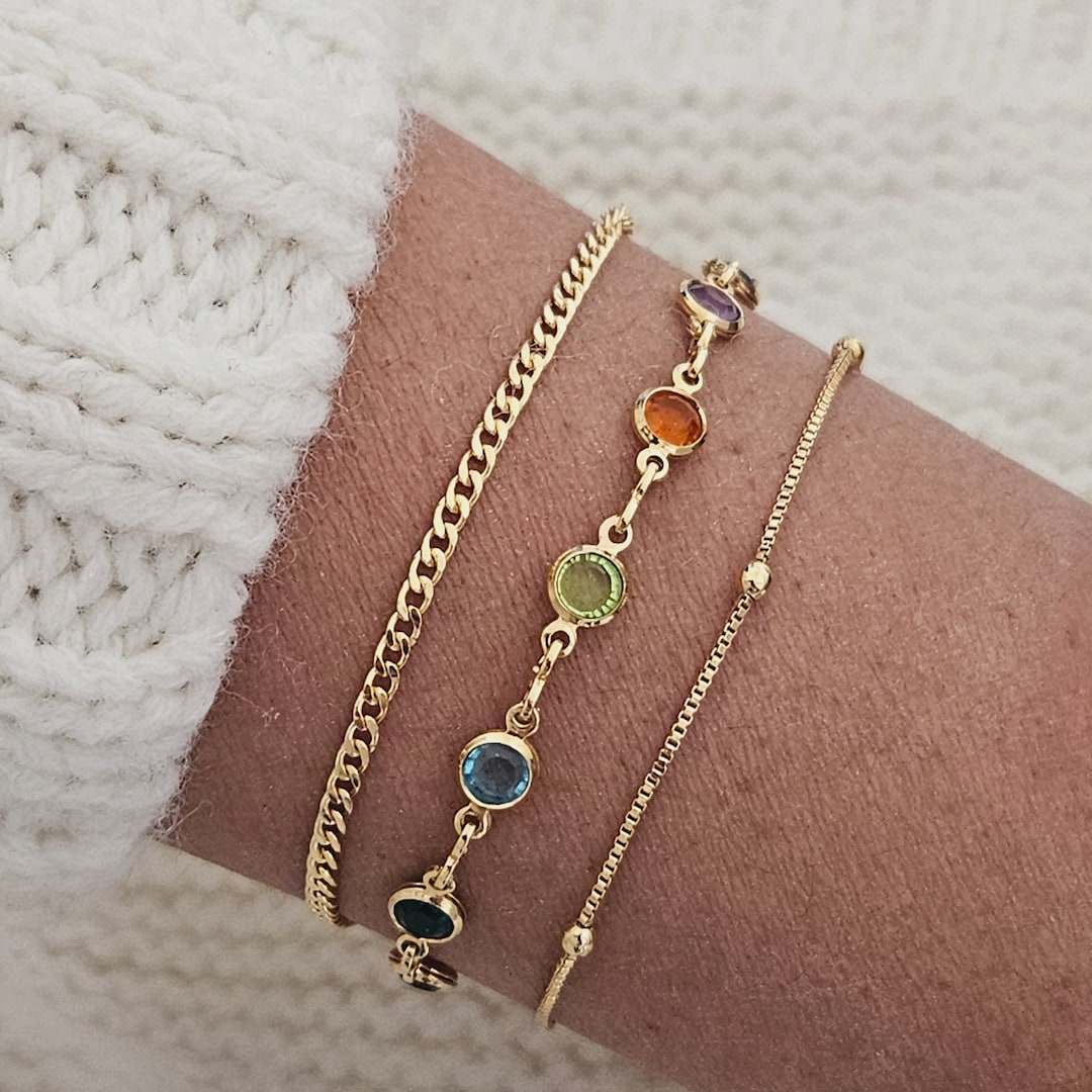 3 Piece Bracelet Set 18k Gold Filled Gemstone Chain Bracelet Dainty Chain Bracelet Layering ...