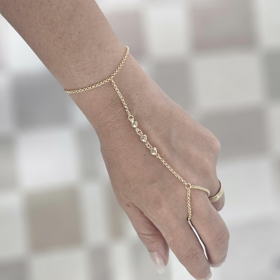 18K Gold Filled Beaded Hand Chain Beaded Hand Jewelry and Chain Ring ...