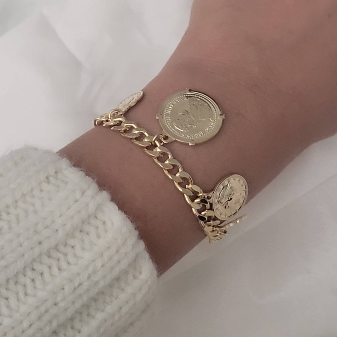 Gold Coin Charm Bracelet, Quarter Charm Bracelett,18k Gold Filled Charm ...
