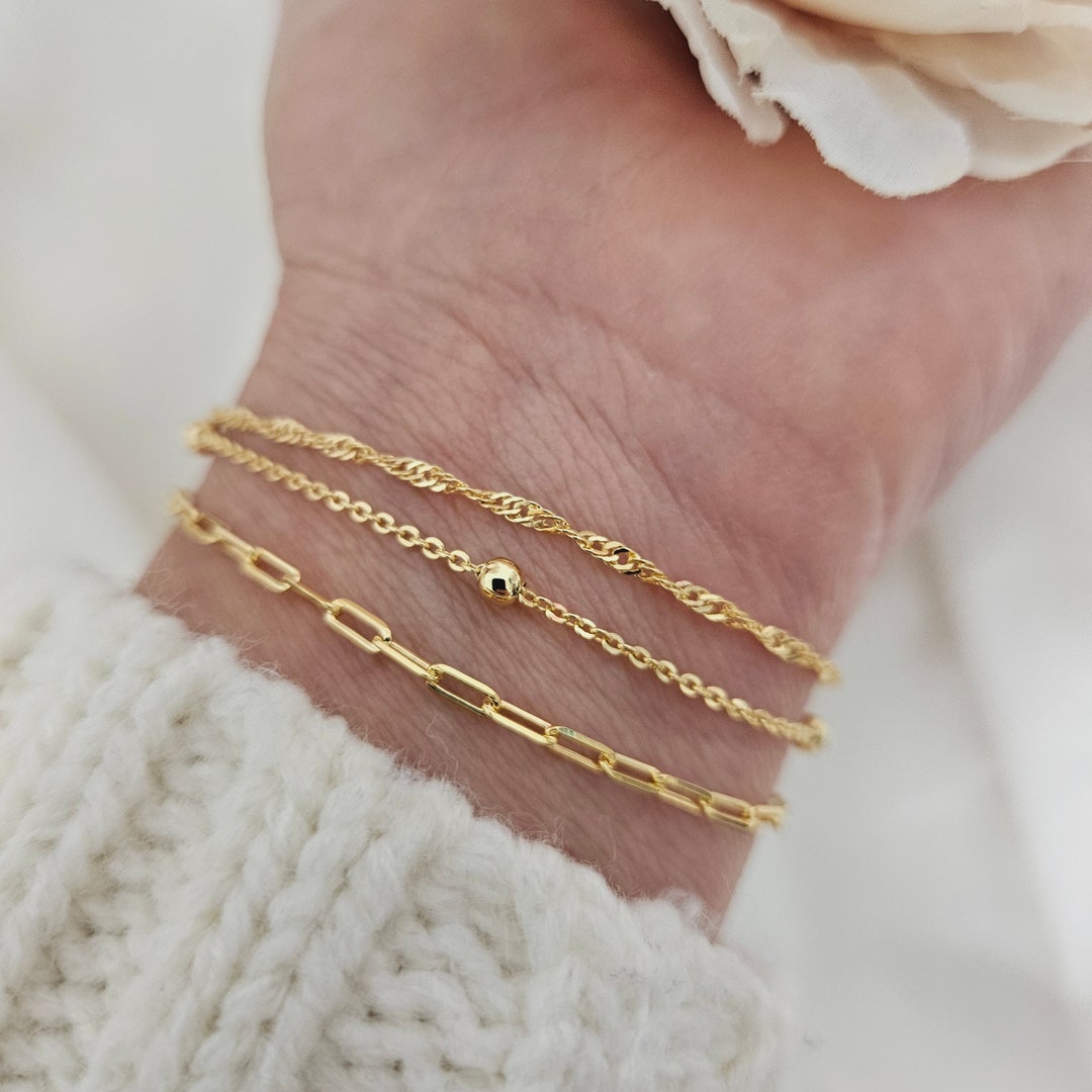 Personalized Set of 3 Everyday Layering Bracelet Dainty Simple 18k Gold ...