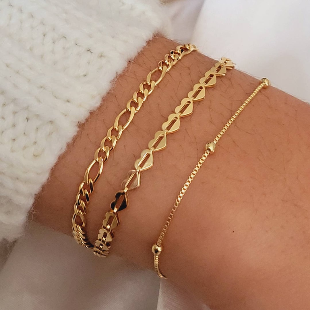 Set of 3 Minimalist Gold Bracelet Gold Bracelet Set Figaro Chain ...