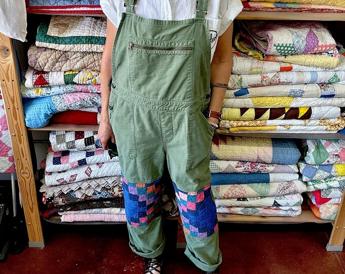 Repurposed Levi's Army Green Overalls Postage Stamp Vintage Quilt Knee ...