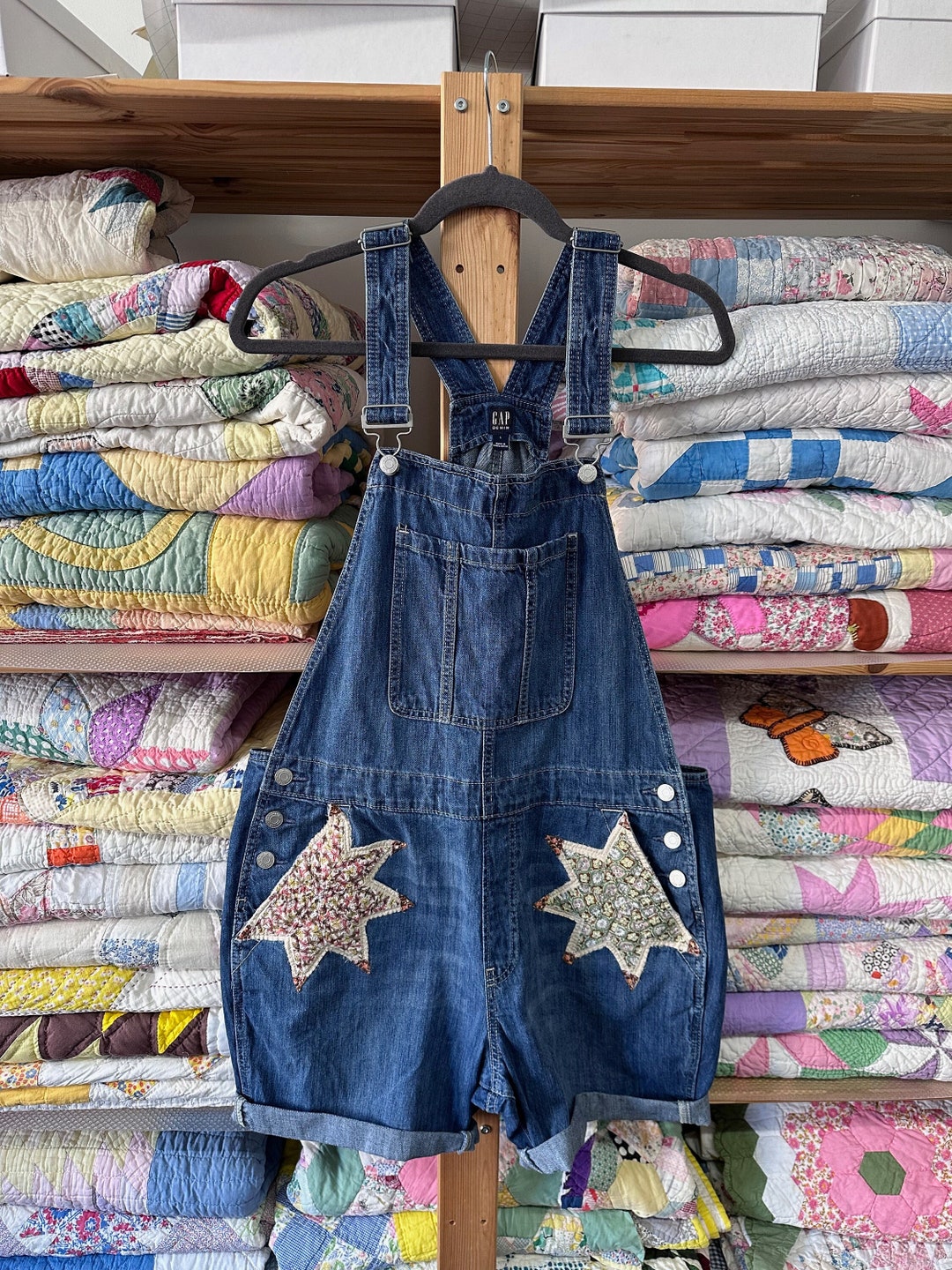 Repurposed Gap Denim Overalls Shorts: Upcycled Quilt Star Patches - Etsy
