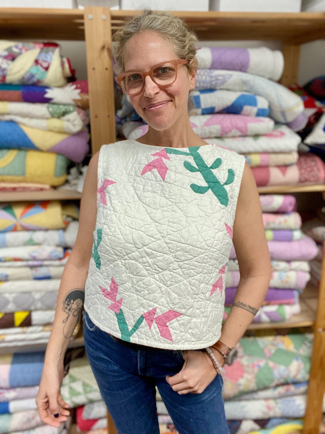 Upcycled Quilt Tank Top: Vintage Cactus Flower Crossback - Etsy