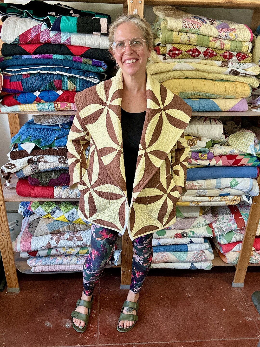 Upcycled Quilt Shawl Collar Wrap Coat: Yellow and Brown Op Art Mid ...