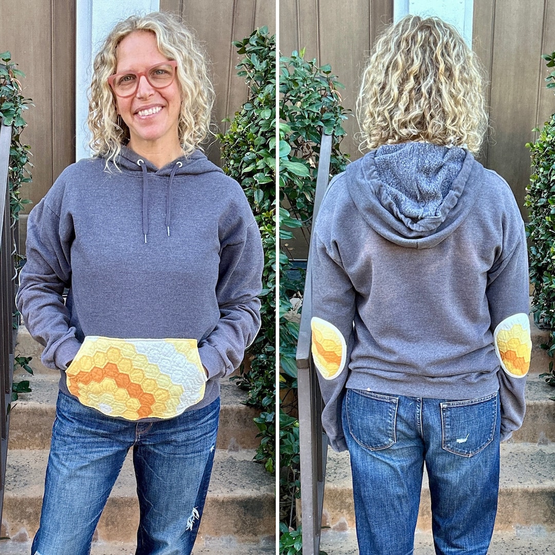 Repurposed Hanes Pouch Pocket Sweatshirt Hoodie Vintage Quilt Elbow ...