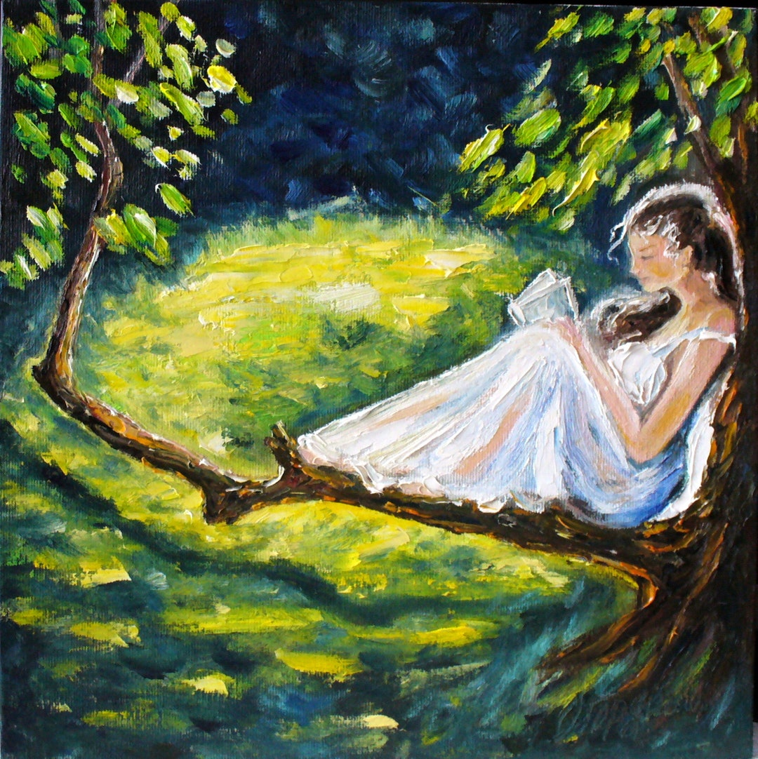 Girl Reading Book in Garden ORIGINAL Oil Painting, Girl in White Dress ...