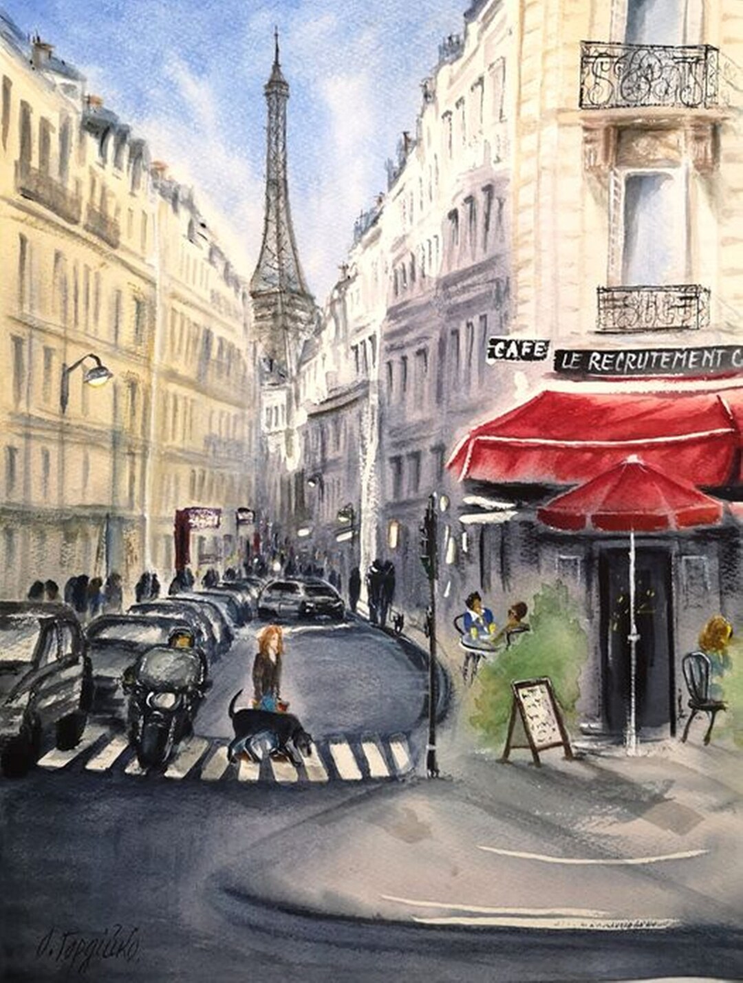 Paris ORIGINAL Watercolor Painting France Cityscape Parisian Cafe ...