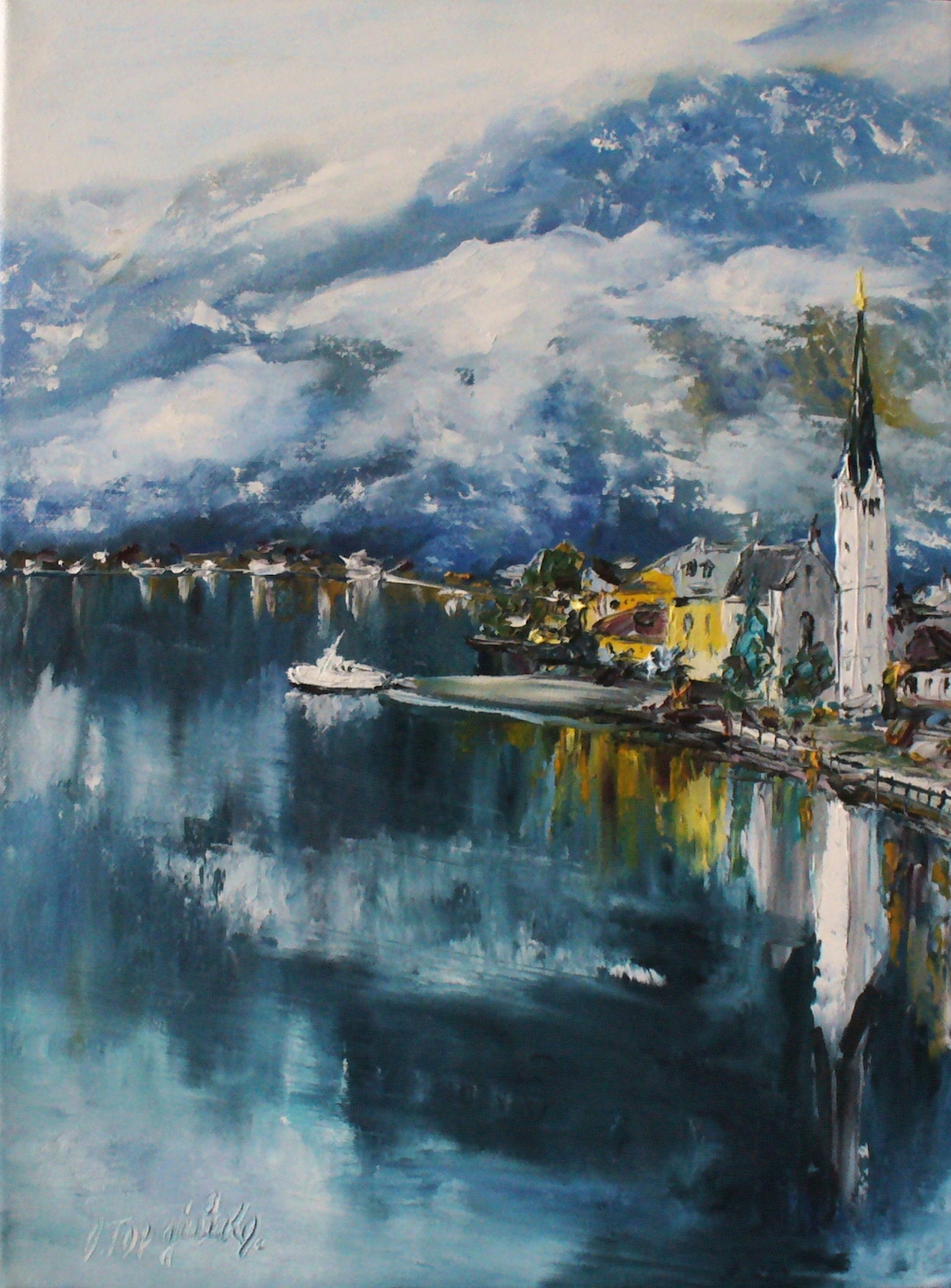 Hallstatt Austria ORIGINAL OIL Painting Austria Lake Winter Impasto ...