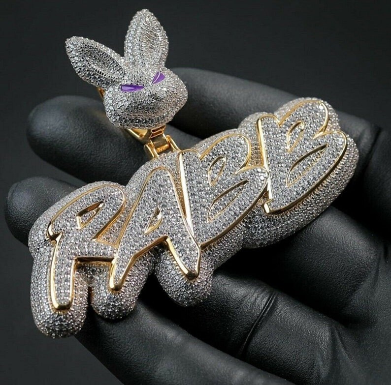 Rabbit Logo With RABB Word, 925 Sterling Silver 14K Gold Plated Diamond ...
